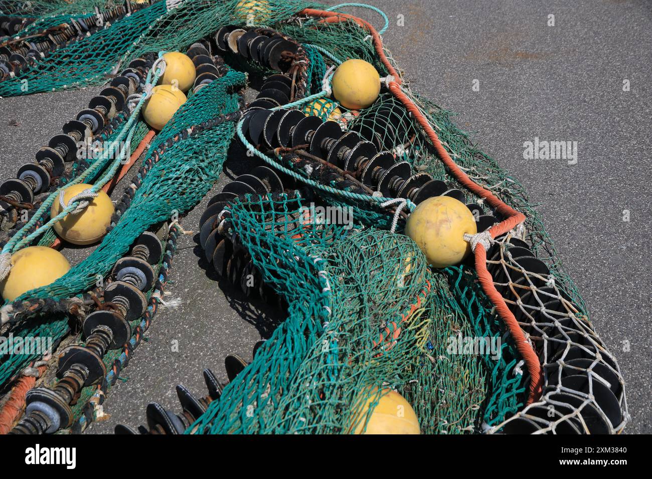 Multi colored nylon fishing net drying in the harbour of Hirtshals ...