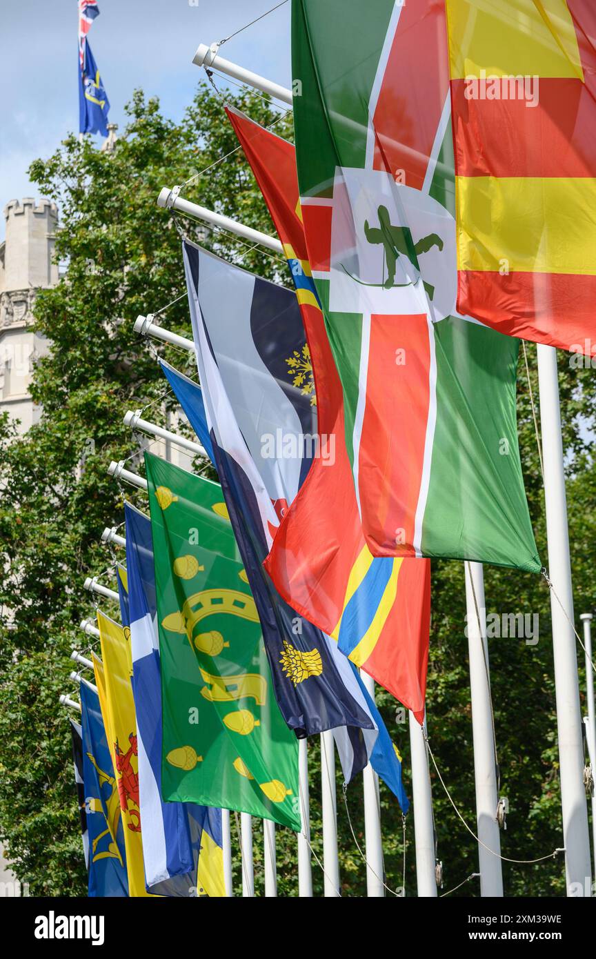 London, UK. Flags of Historic English Counties flying in Parliament ...