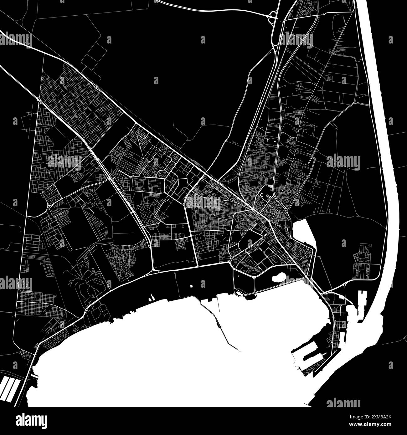 Map of Suez, Egypt. Detailed city vector map, metropolitan area. Black and white streetmap with ...