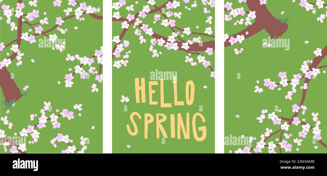 Illustration of cherry trees on a green background. Festive banner for ...