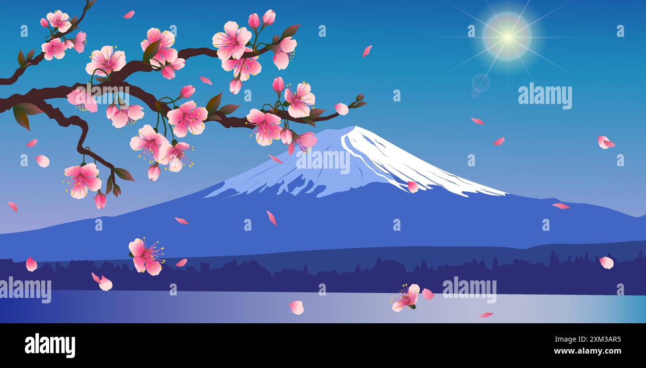 Sakura blossom branch on the background of Fujiyama. Snowy peak of the ...