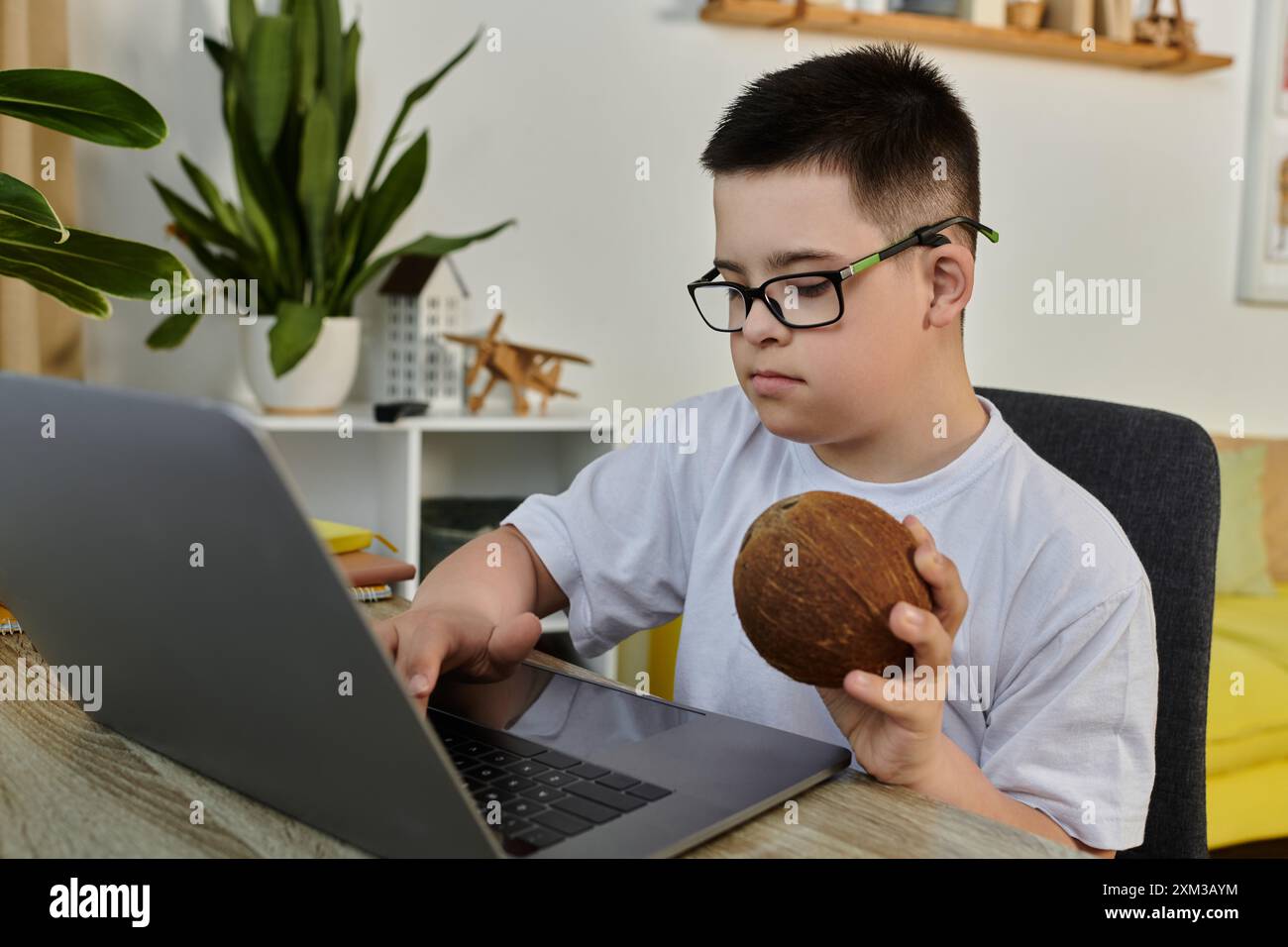 Young boy with Down syndrome at desk with laptop, holding coconut Stock ...