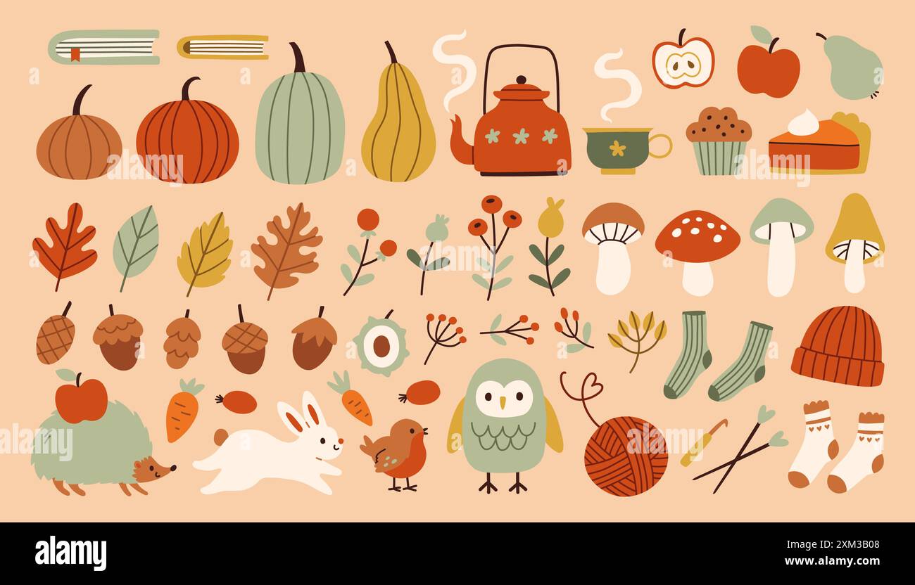 Simple autumn cozy set. Fall hand drawn vector collection. Fall season ...