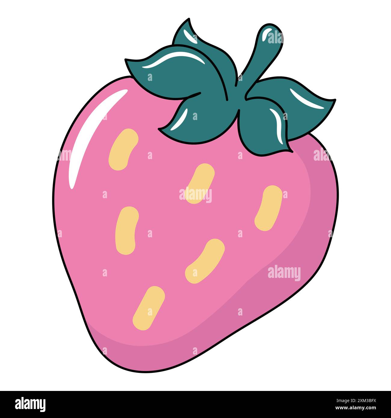 Illustration of cute pink strawberry with green leaves and yellow seeds ...