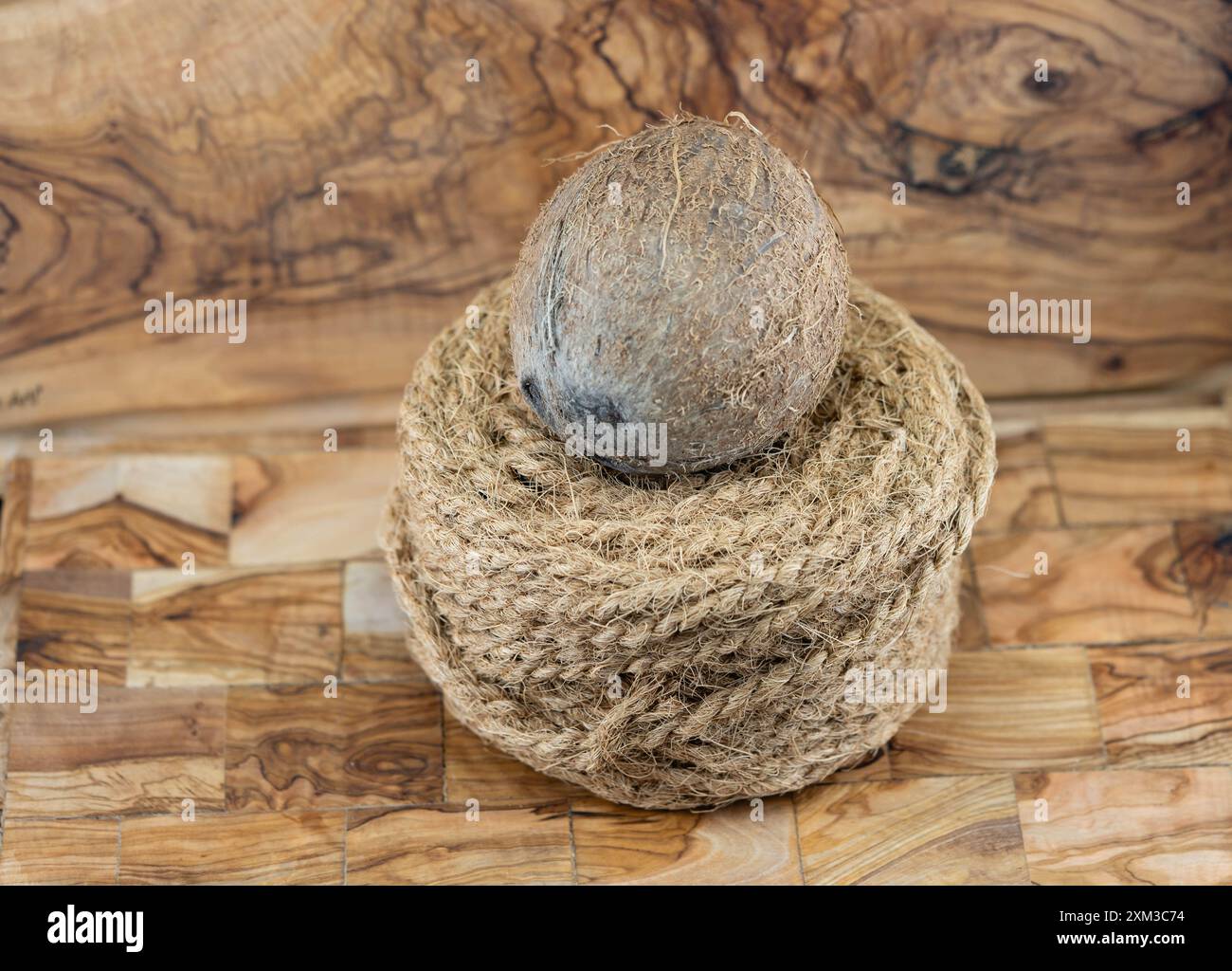 Copra dried pulp and ropes made from fibers of the coconut Cocos ...