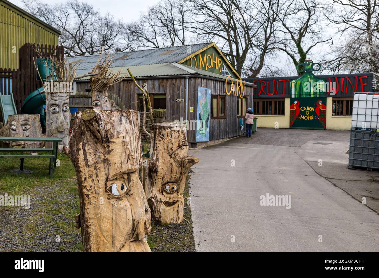 Cairn O'Mohr Fruit Wines business with quirky wooden face carvings ...