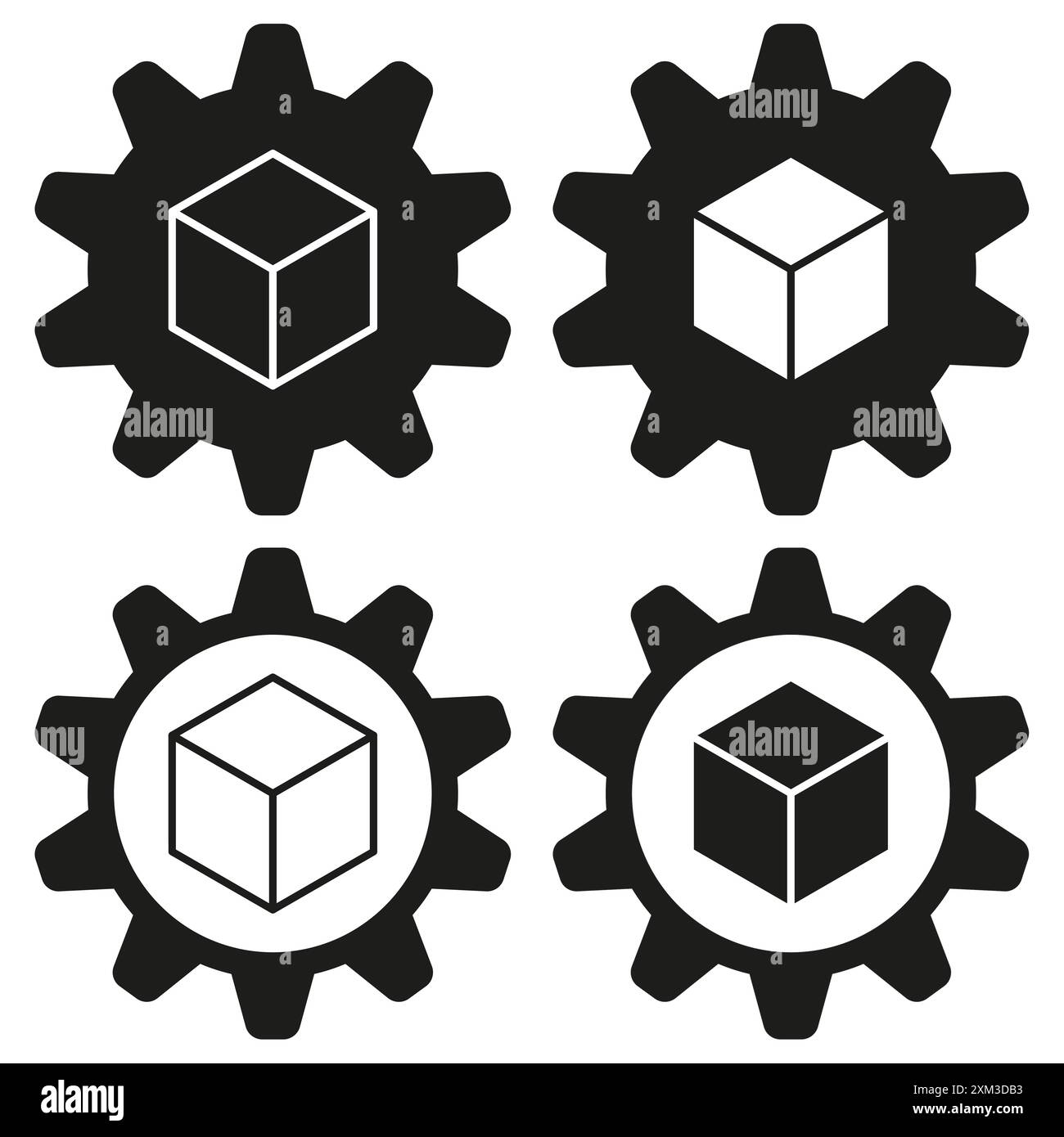 Cube and gear icons. Black and white. Industrial and technological ...