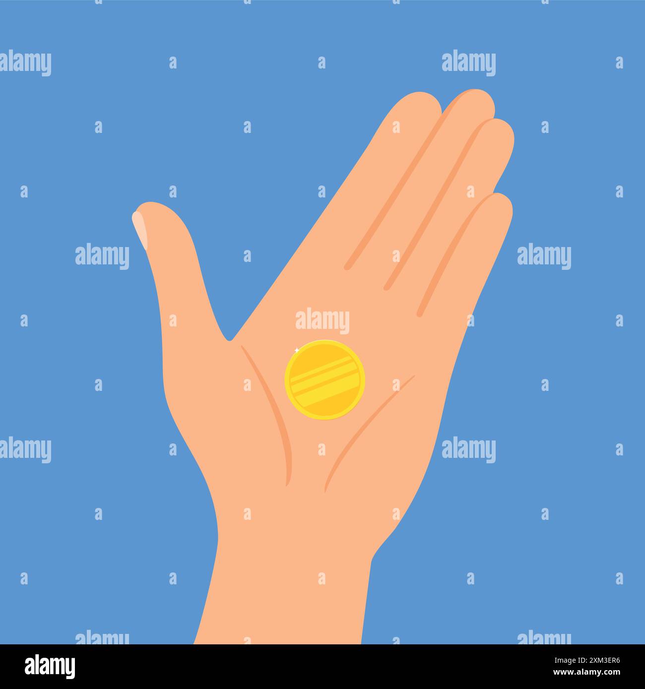 Gold coin on a palm. Gold penny on a hand. Coin and human hand. Money ...