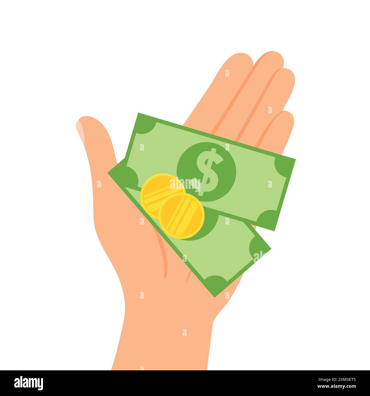 Gold coins and dollars on a palm. Human hand holding cash or change ...