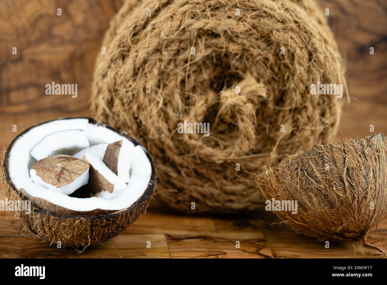 Copra dried pulp and ropes made from fibers of the coconut Cocos ...