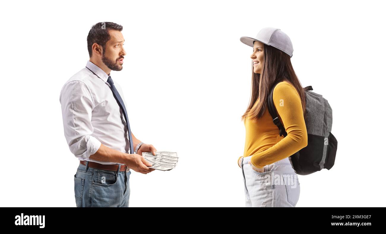 Man giving money to a female student isolated on white background Stock ...