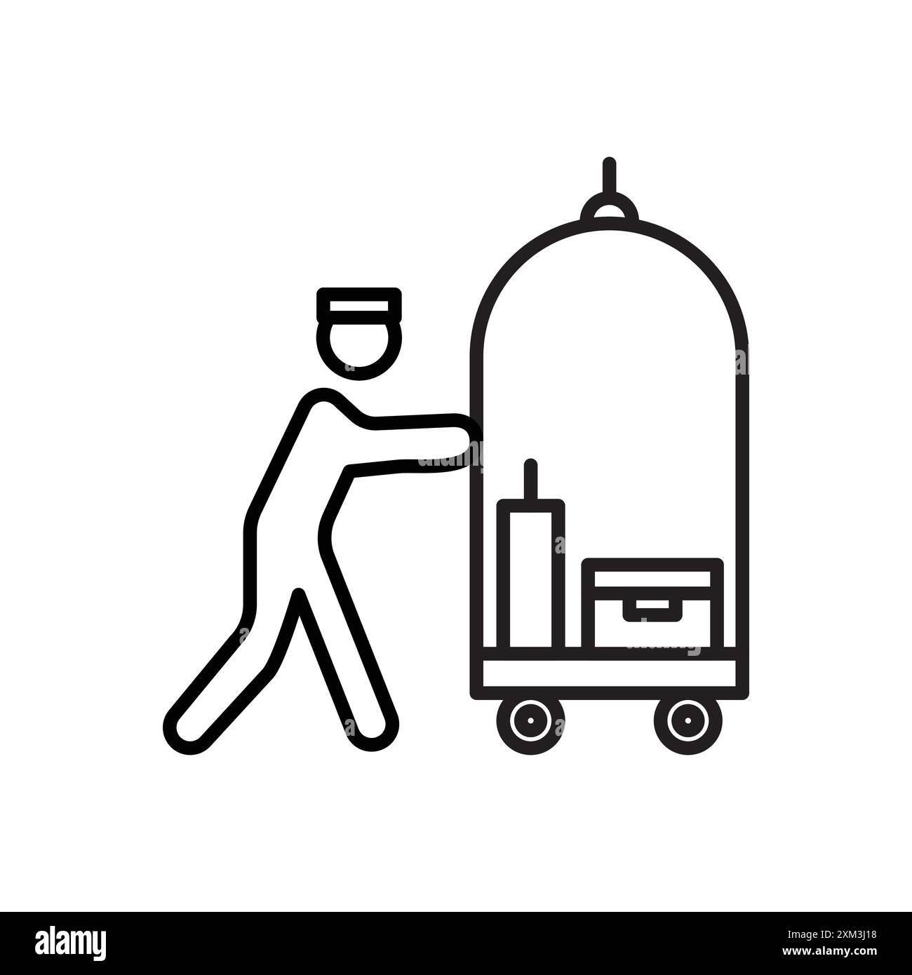 Bellboy with luggage cart icon Black line art vector in black and white ...