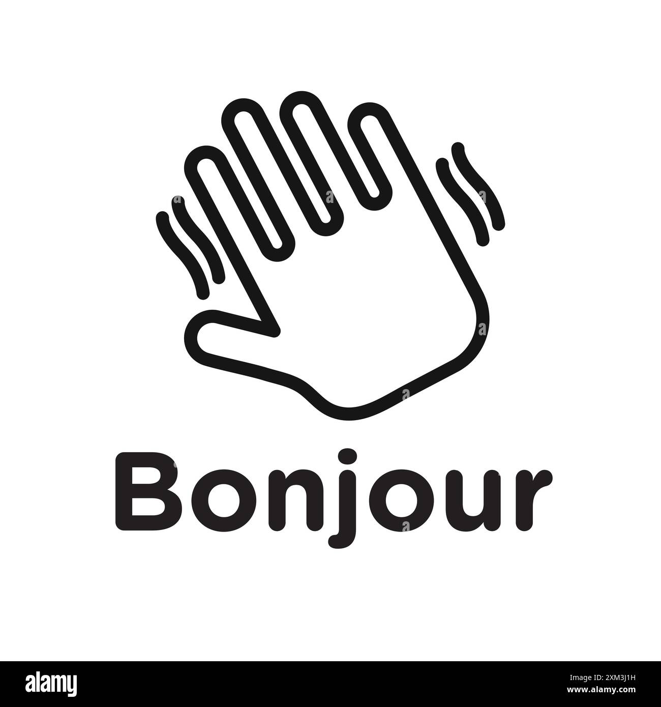 Bonjour text with hand wave icon Black line art vector in black and ...