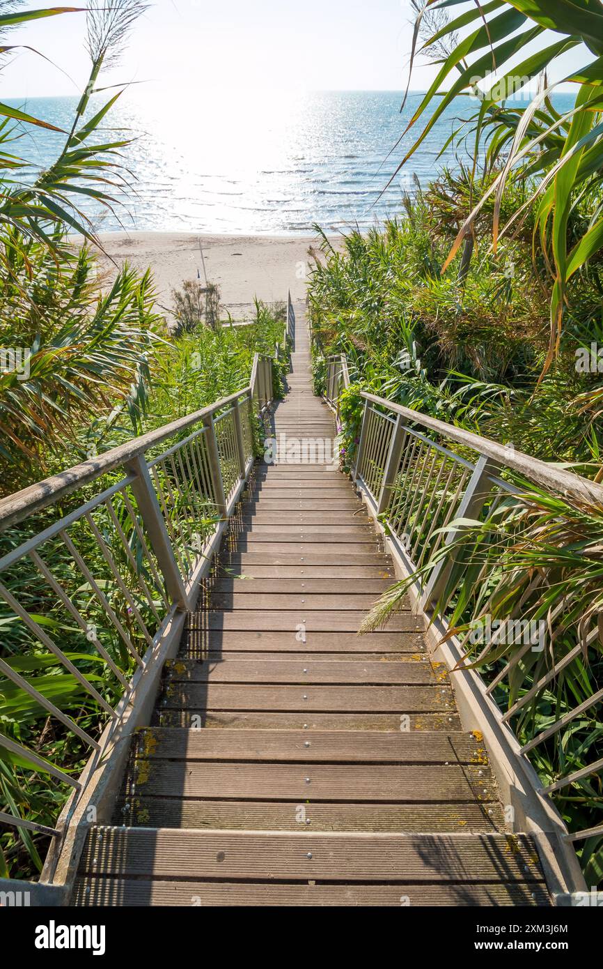 Wooden stairs leading off the cliff onto the sand on a sunny day ...