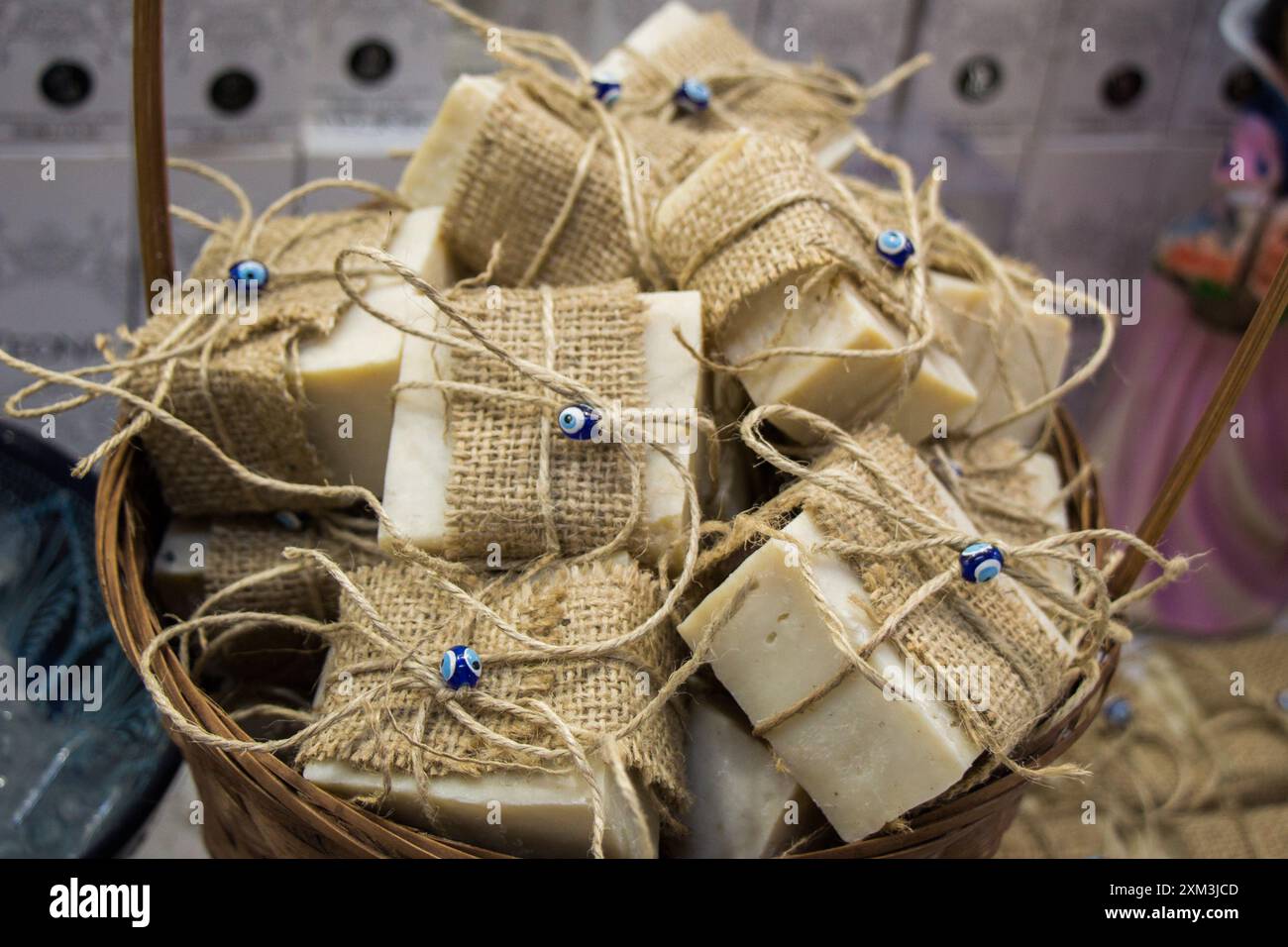 Collection of bars of fragrant hand made organic soap in a basket Stock ...