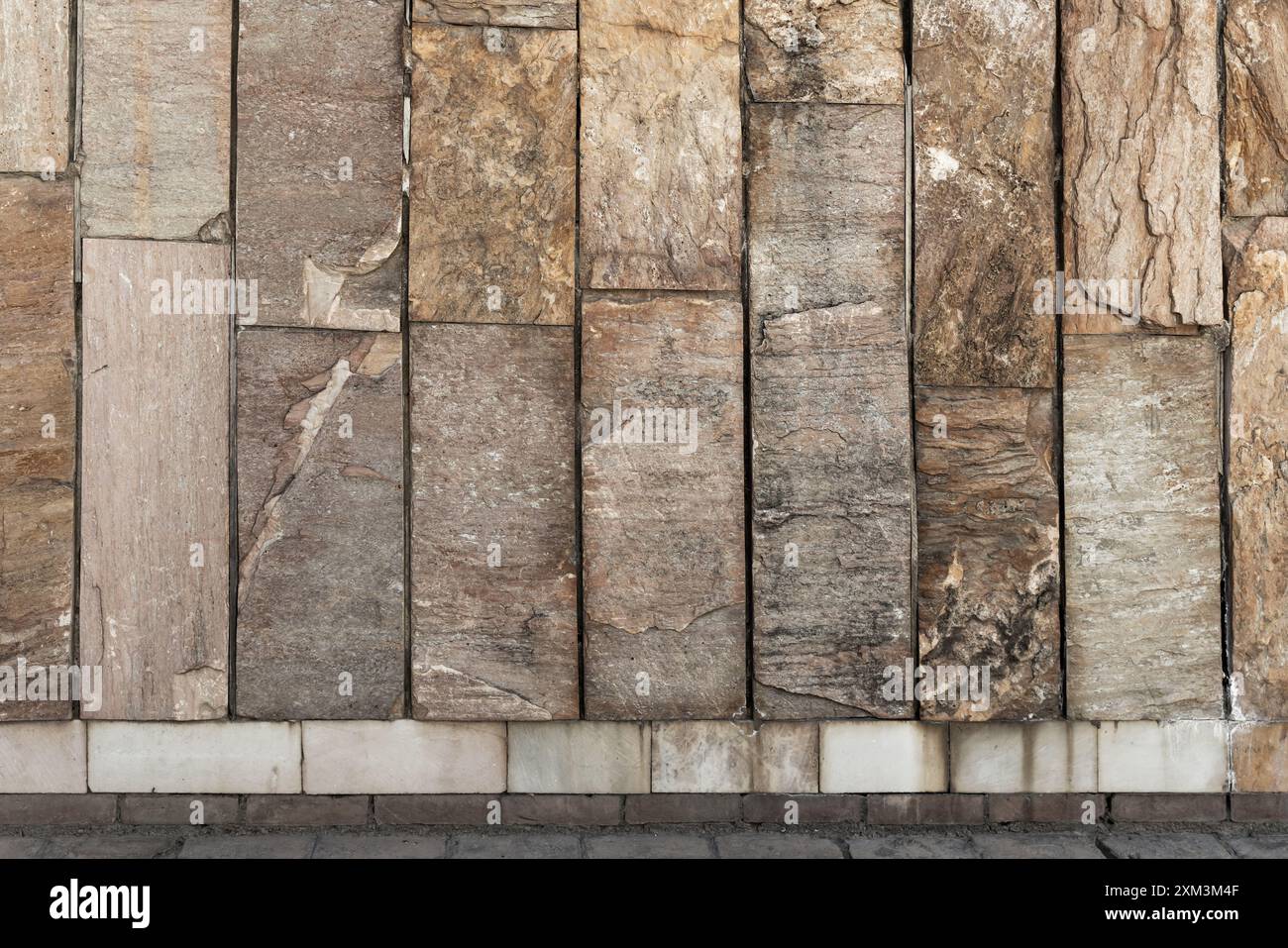 Empty interior front view, background photo texture with brown stone wall and tarmac flooring ...