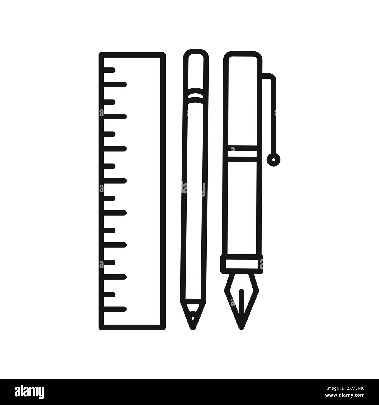 Ruler, pencil and pen icon Black line art vector in black and white ...
