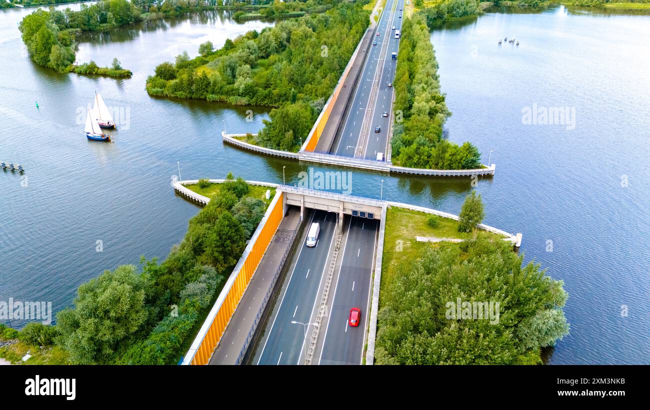 An aerial view of the Aquaduct Veluwemeer in the Netherlands ...