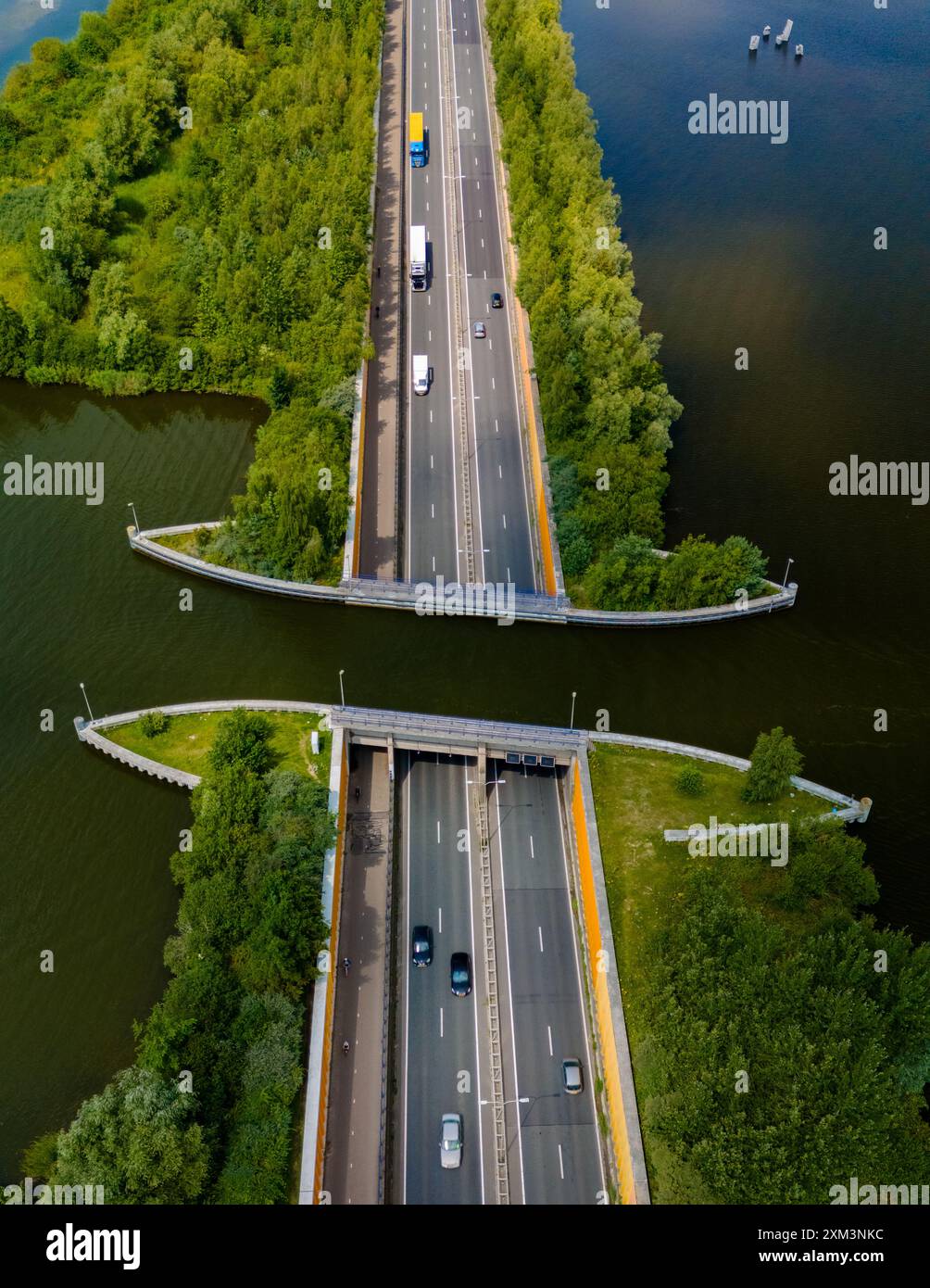 Aerial view of Veluwemeer Aqueduct in the Netherlands, where highway ...
