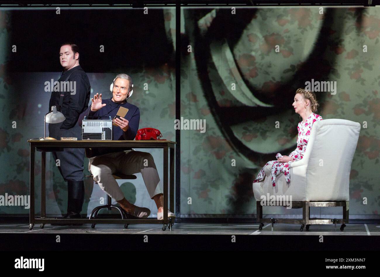 l-r: Nicky Spence (Heurtebise), Nicholas Lester (Orphee), Sarah Tynan ...