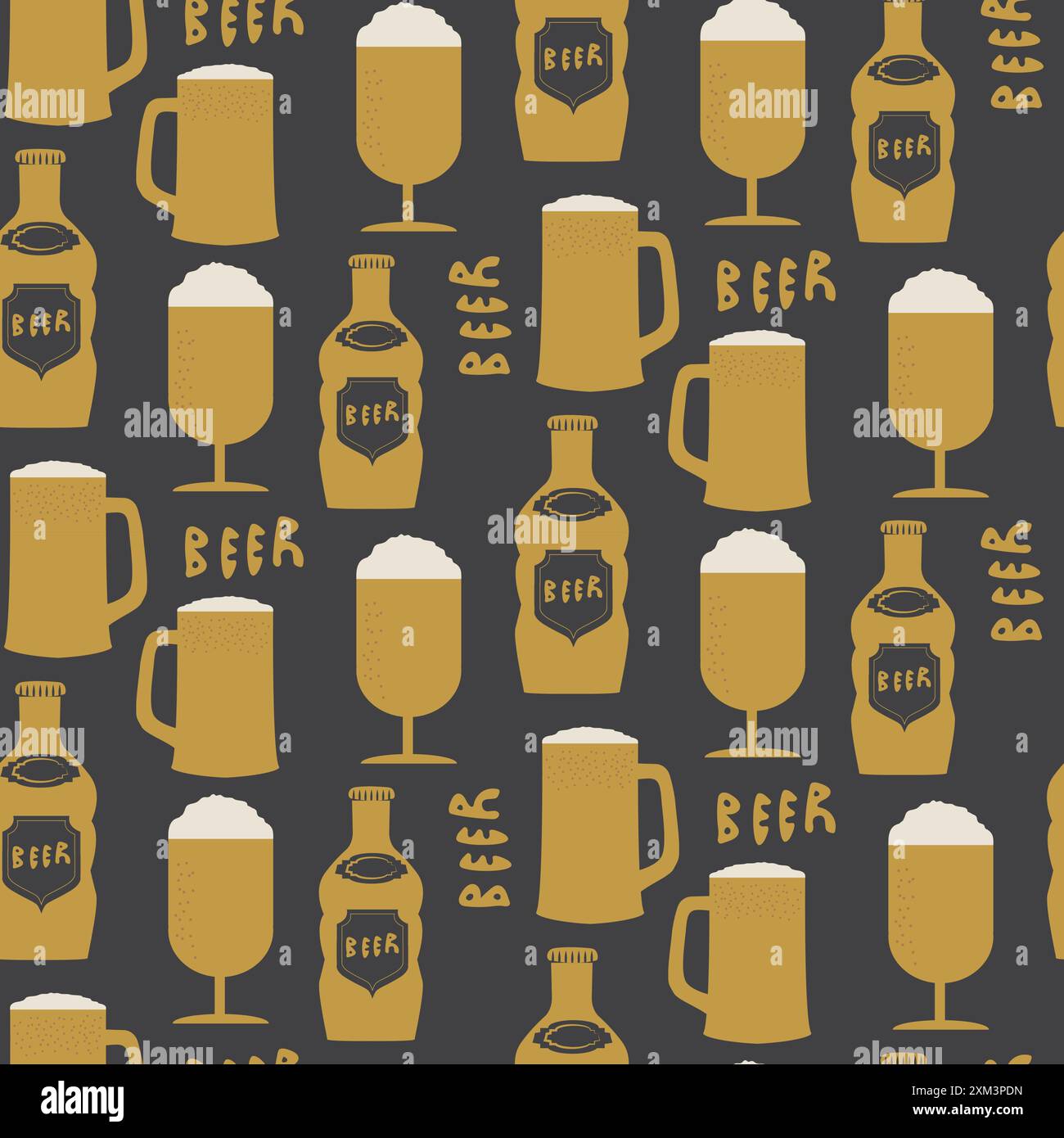 Beer Bottle Glasses And The Word Beer Seamless Vector Pattern Background Hand Drawn Alcoholic