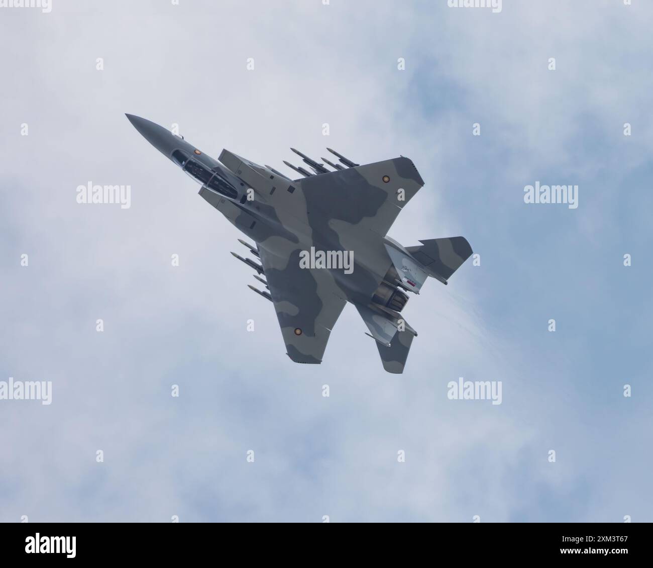 The Boeing F-15QA jet fighter flying at the 2024 Farnborough ...