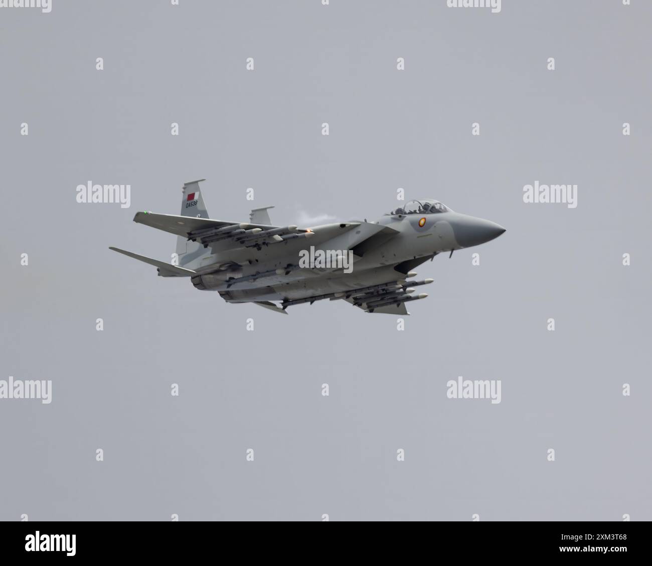 The Boeing F-15QA jet fighter flying at the 2024 Farnborough ...