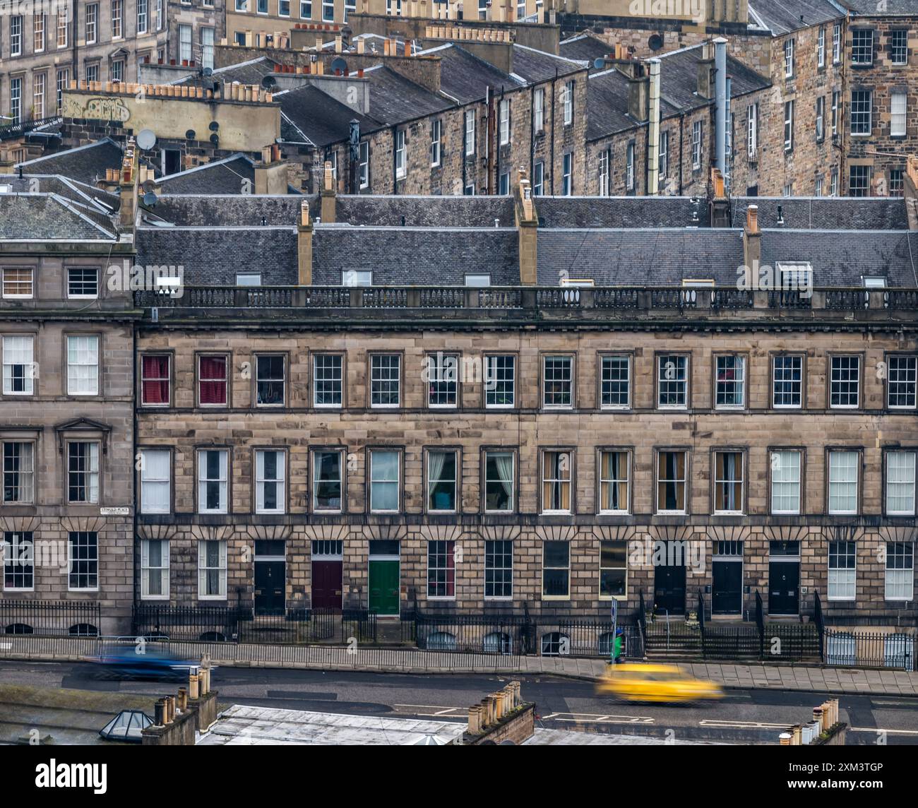 View over Georgian tenement building rooftops at Picardy Place ...