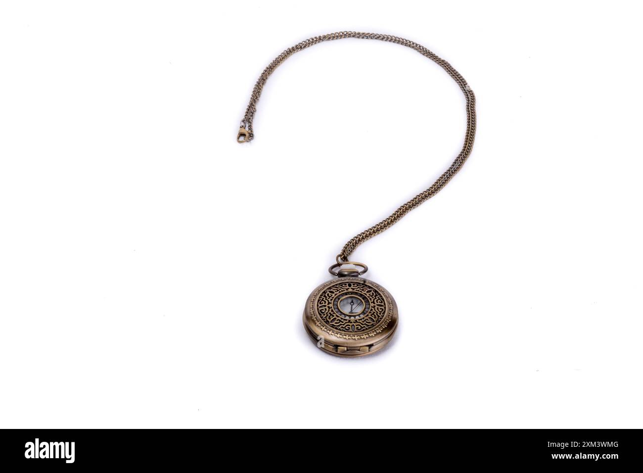 Pocket watch and its chain form a question mark on white background ...