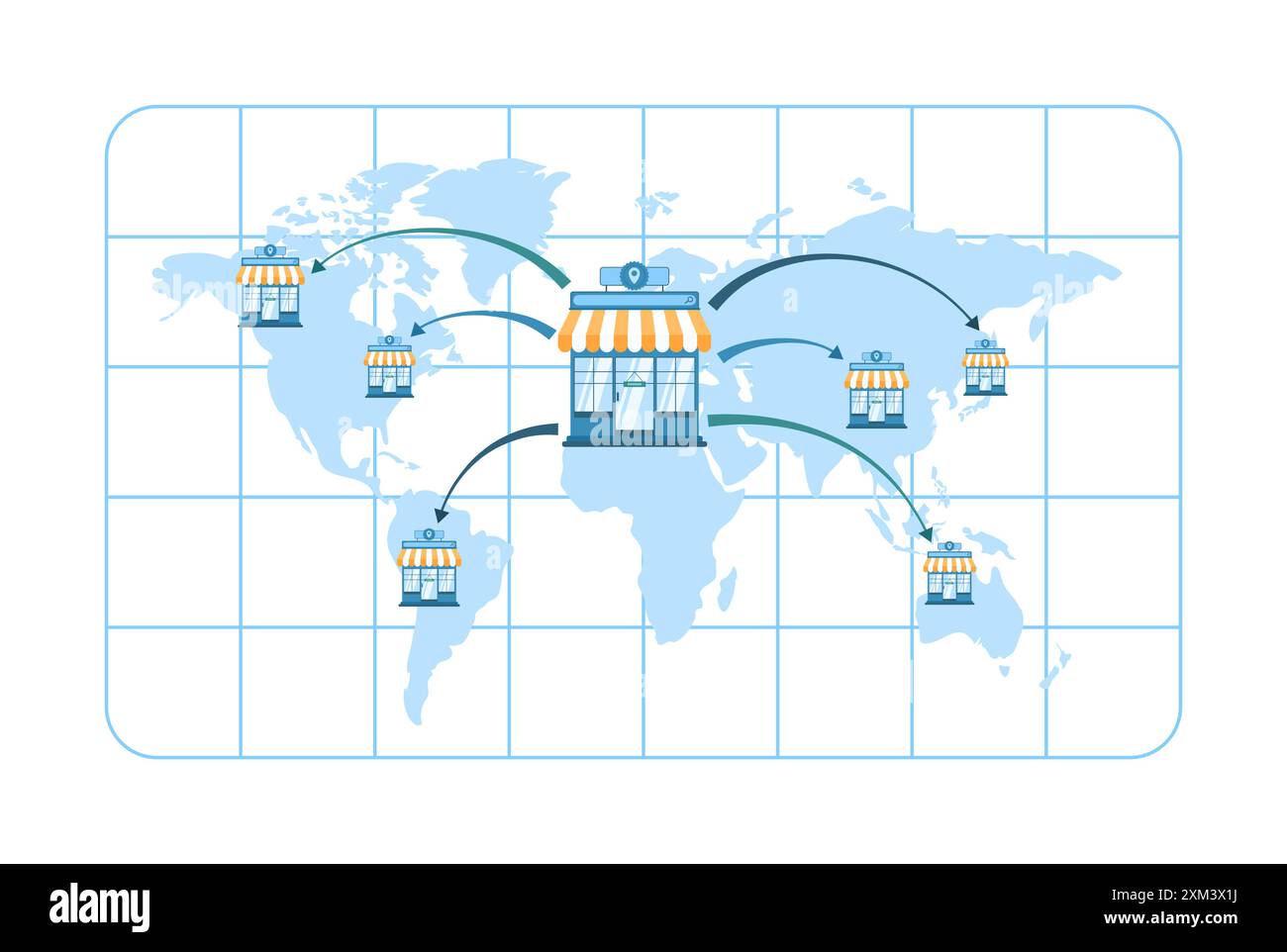 Global franchise expansion concept with stores linked across a world ...