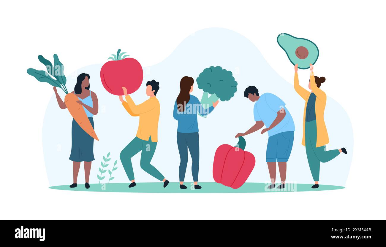 People holding healthy vegetables set. Tiny male and female characters ...