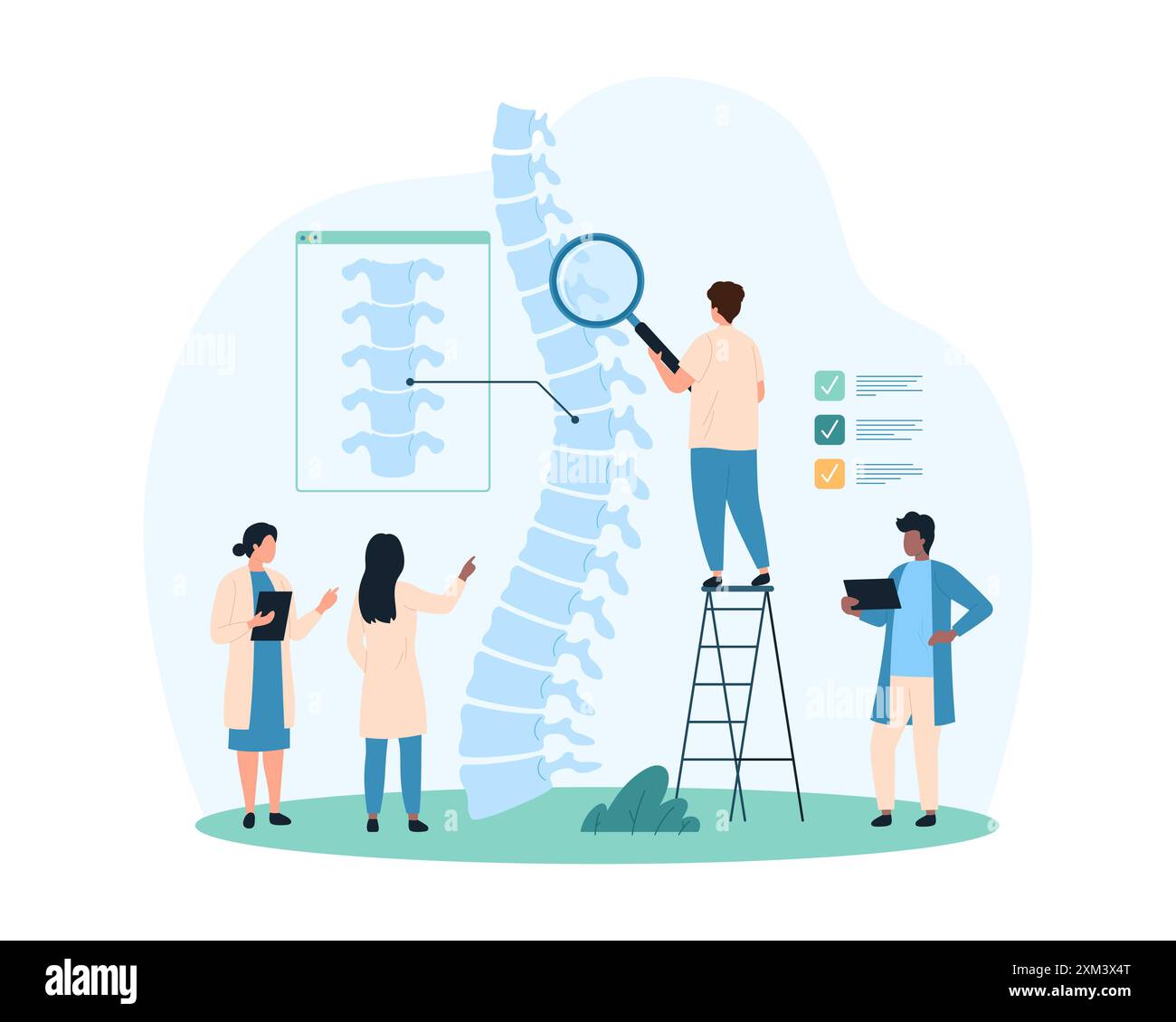 Diagnosis of diseases of spine. Tiny people examine patients spinal ...