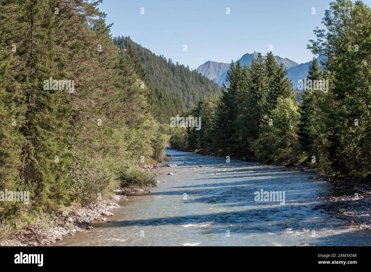 landscape in the Alps with mountains, river, trees Stock Photo - Alamy