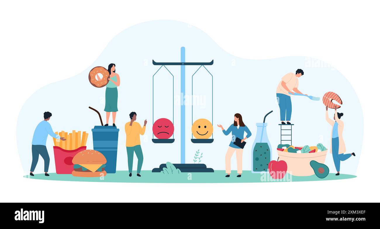 Comparison between unhealthy fastfood diet and healthy food. Tiny ...