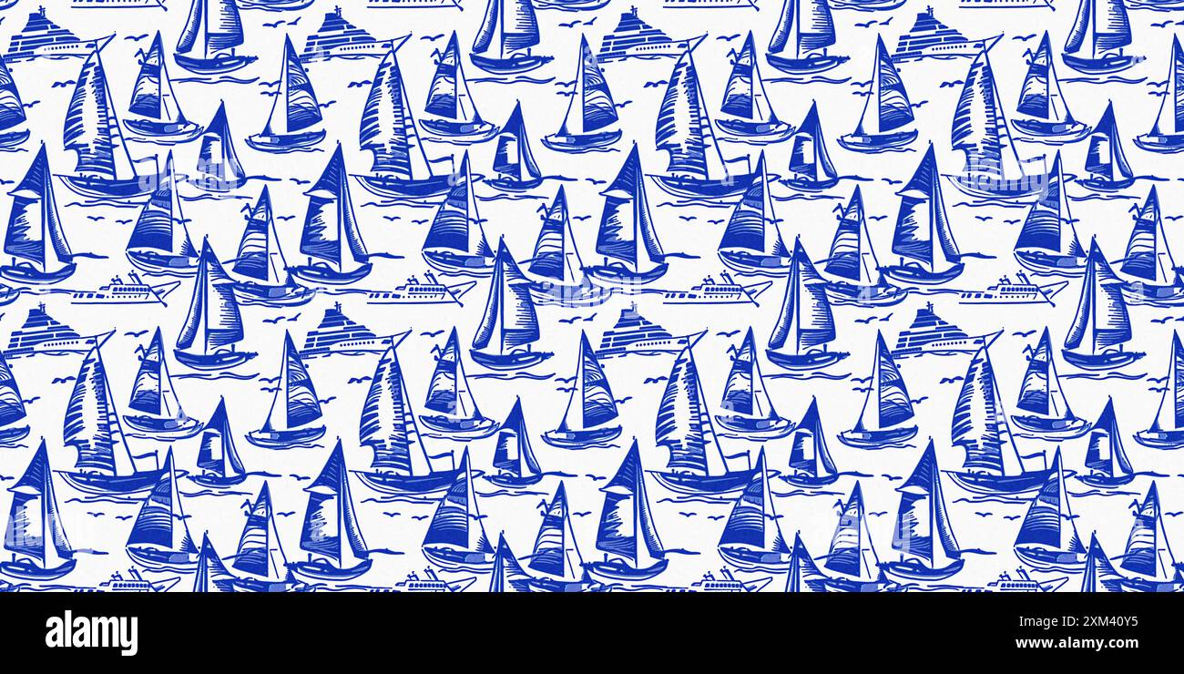 Coastal sail boat in azure ocean blue seamless border background ...