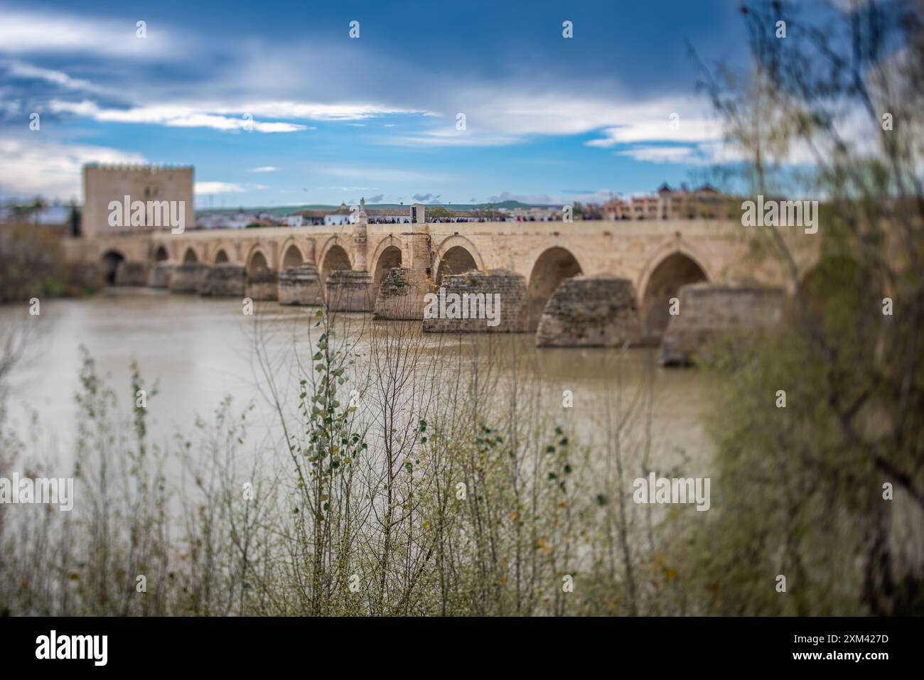 Tilt-shift photograph of the historic Puente Romano bridge over the ...