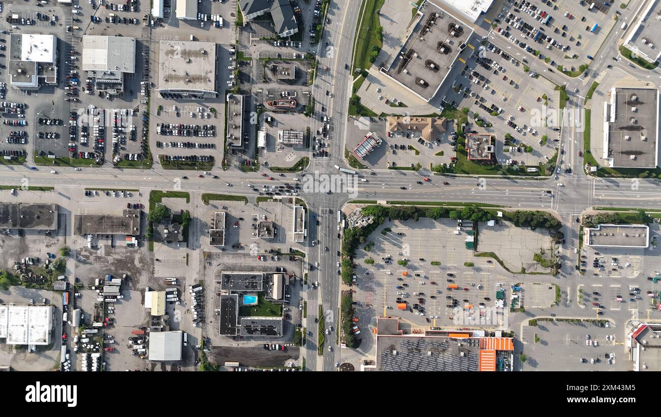 An aerial view of a commercial and industrial area with various ...