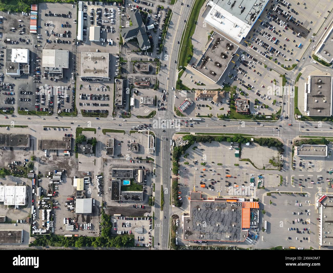An aerial view of a commercial and industrial area with various ...