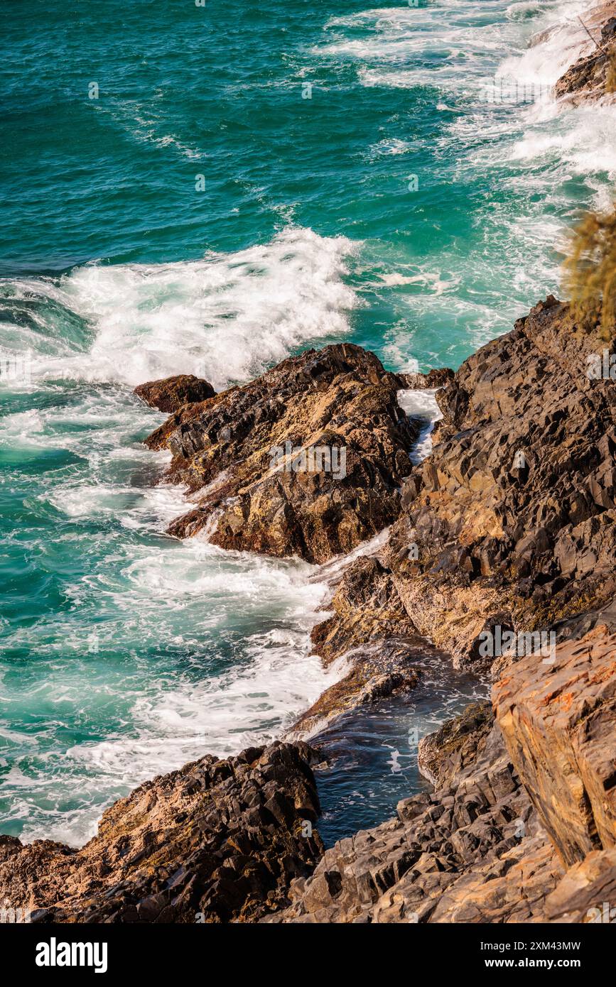 Waves crash on rocks on the hiking trail in Noosa National Park ...