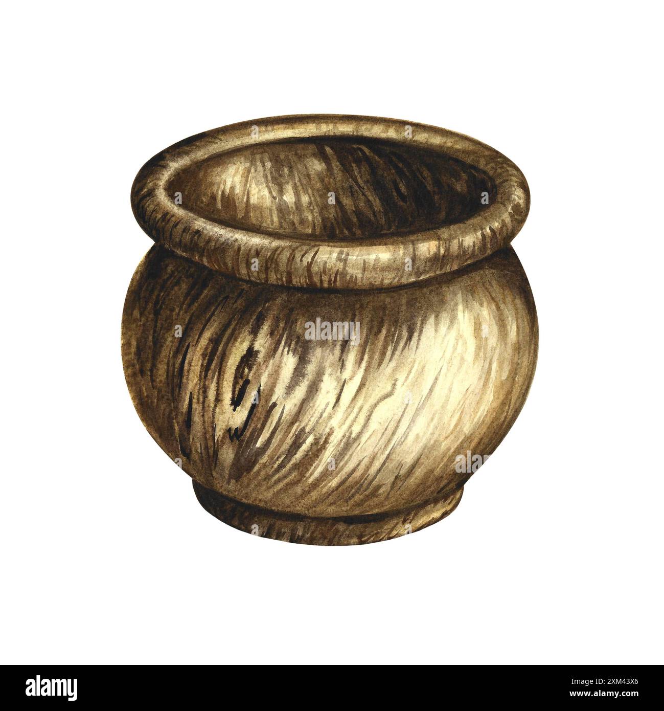 An empty wooden pot. Isolate. A hand-drawn watercolor illustration. For ...