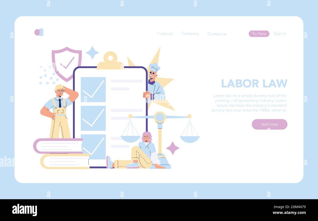 Labor Law concept. Workers and a judge balance workers' rights with ...