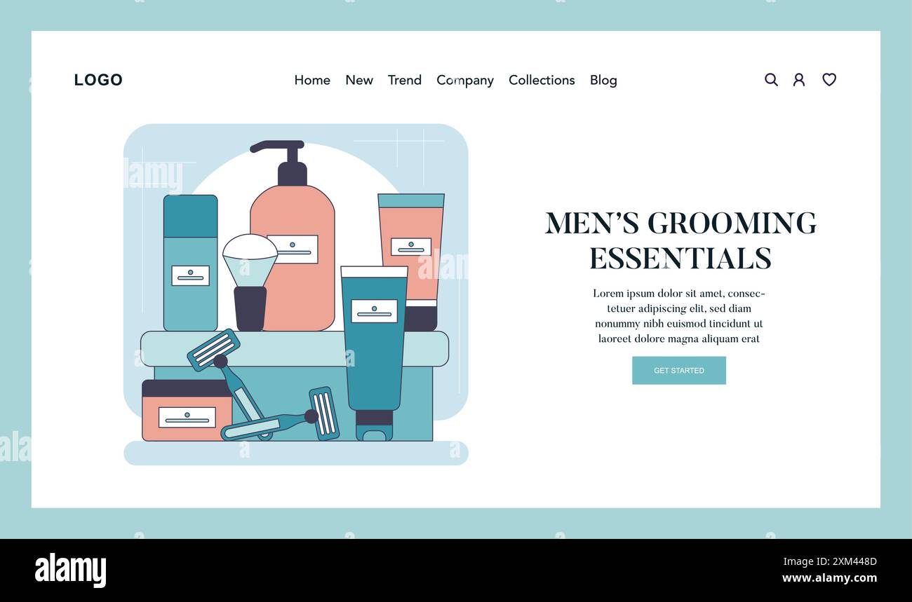 Men's grooming essentials web banner illustration featuring skincare ...