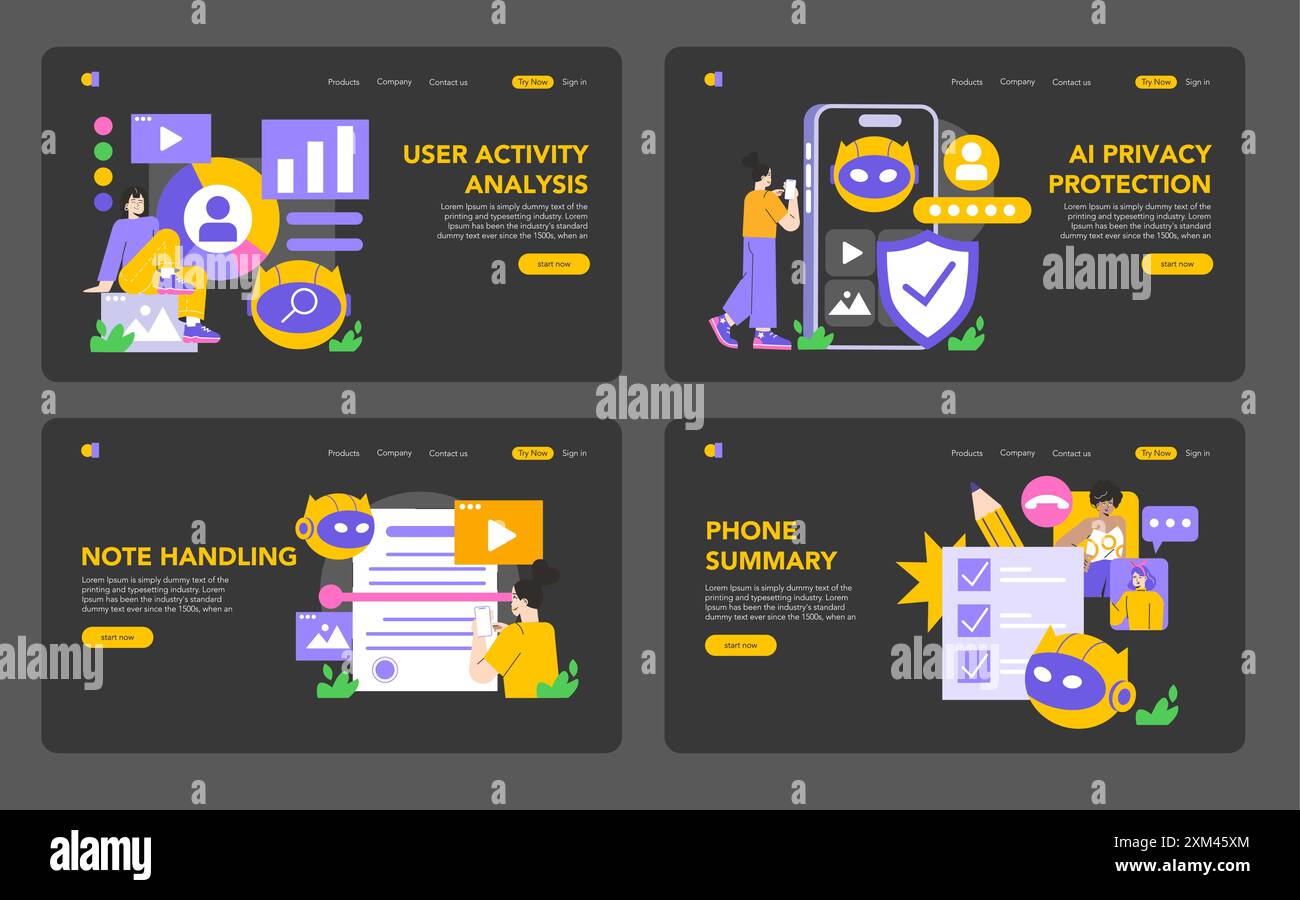 Mobile AI features set. Digital interactions and privacy, content ...