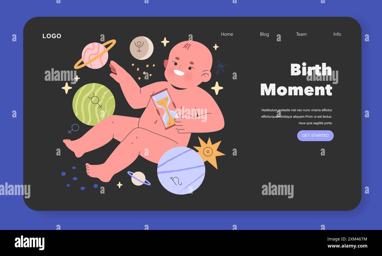 Natal Chart concept. An infant amidst cosmic symbols holds a sandglass ...