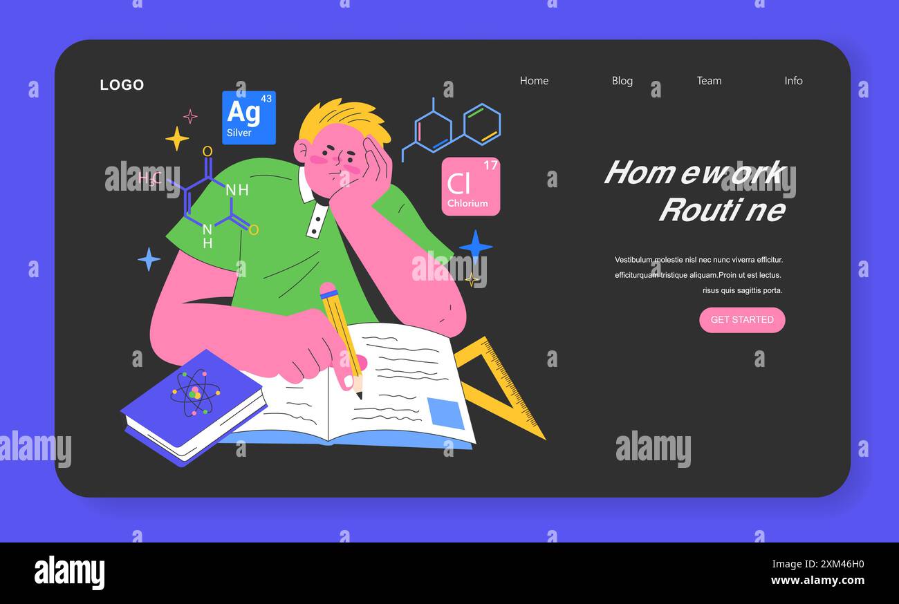 Back to School concept. Student immersed in homework with chemistry ...