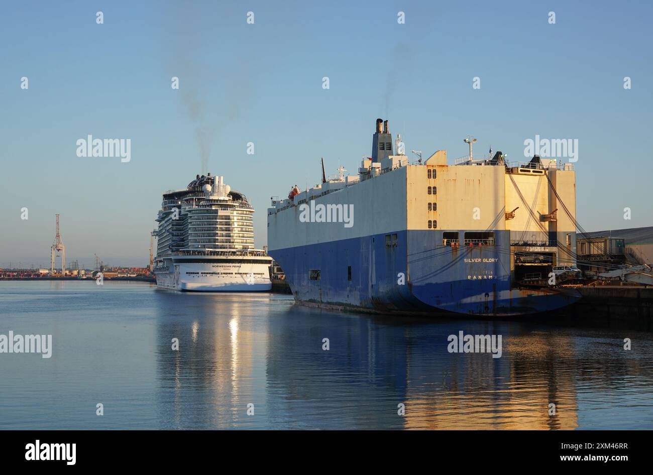 Port of Southampton. Cargo ship and cruise ship docked at UK port ...