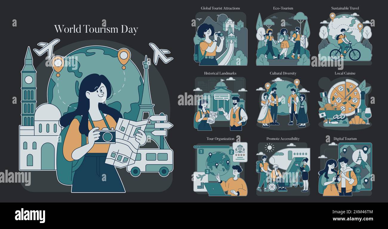 World Tourism Day set. Illustration of tourist activities and ...