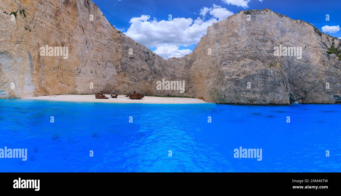 View of Navagio Beach or Shipwreck Beach, an exposed cove on the coast ...