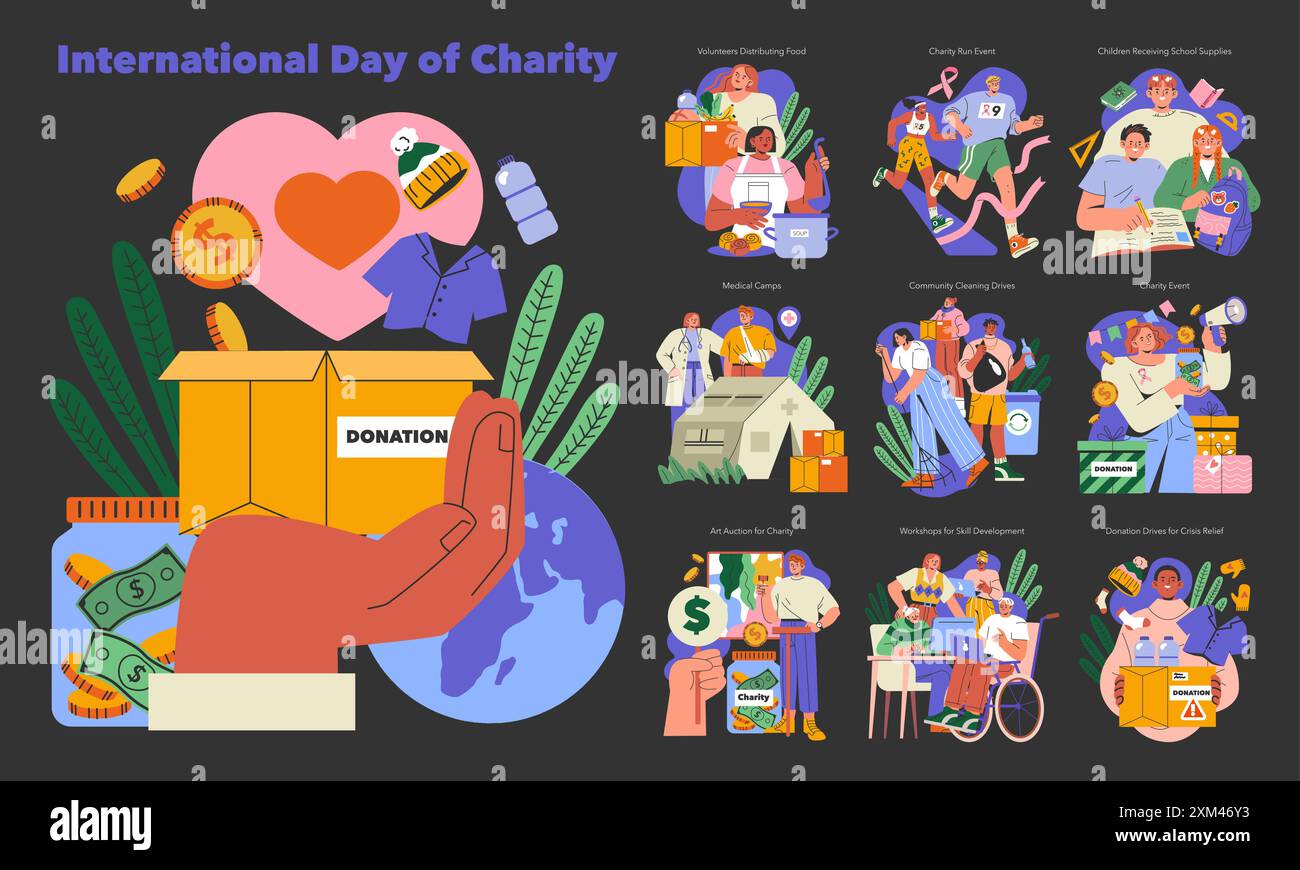 International Day of Charity set. Various charity activities and donation concepts showcased ...