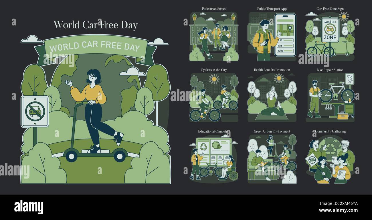 World Car Free Day concept. Citizens engaging in eco-friendly ...